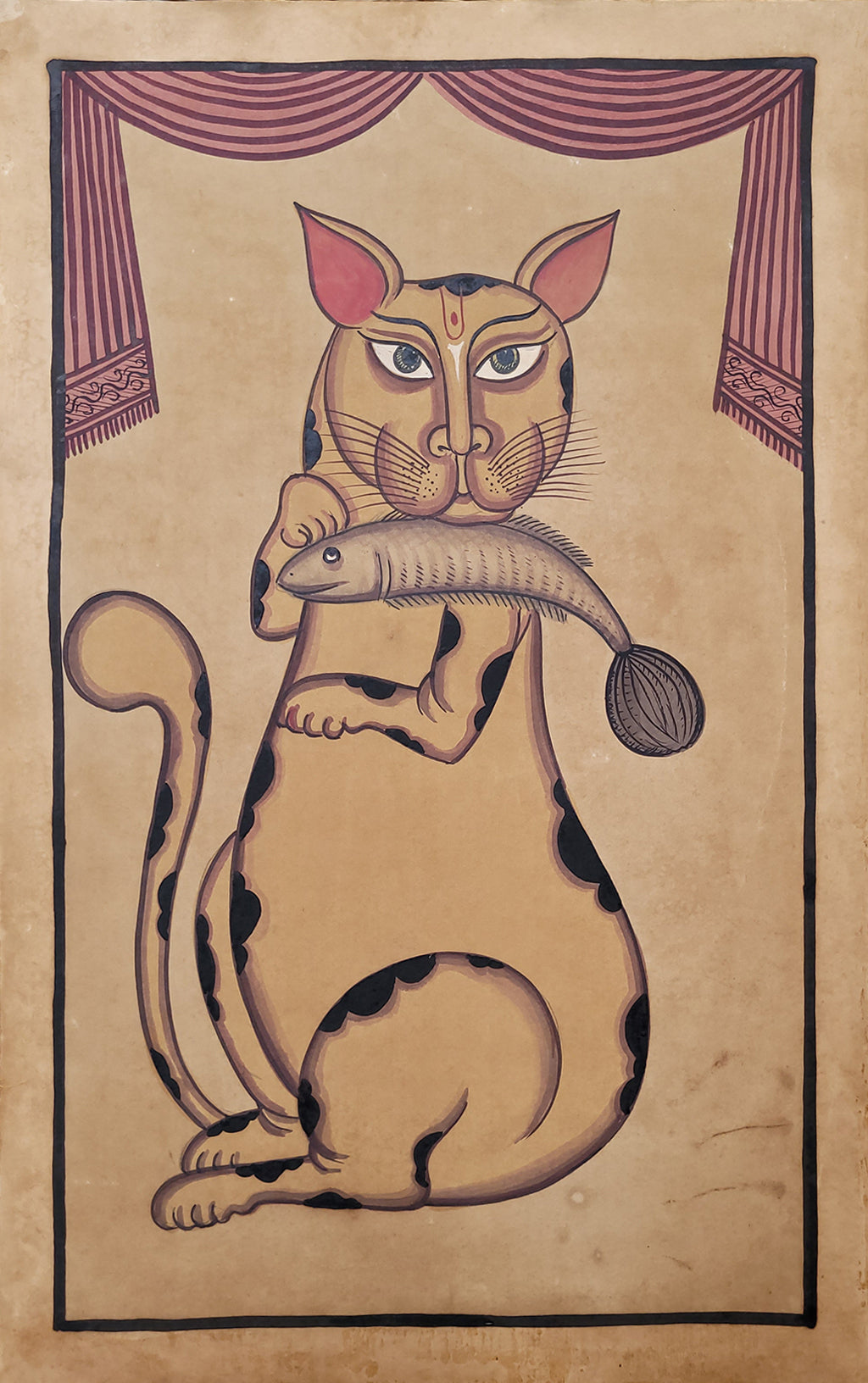 Kalighat Painting: Cat Enjoying Fish Meal | Folk Art